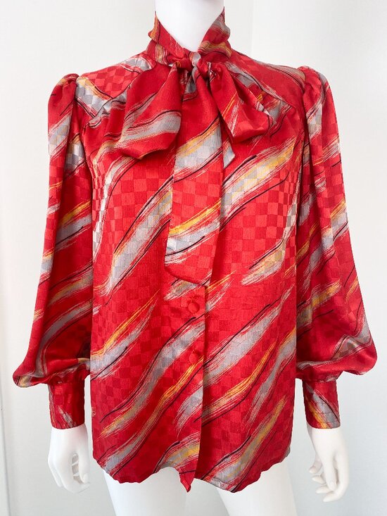 Tops | Vintage 198s Silky Red And Gray Bow Blouse Top Size 1012 | Poshmark